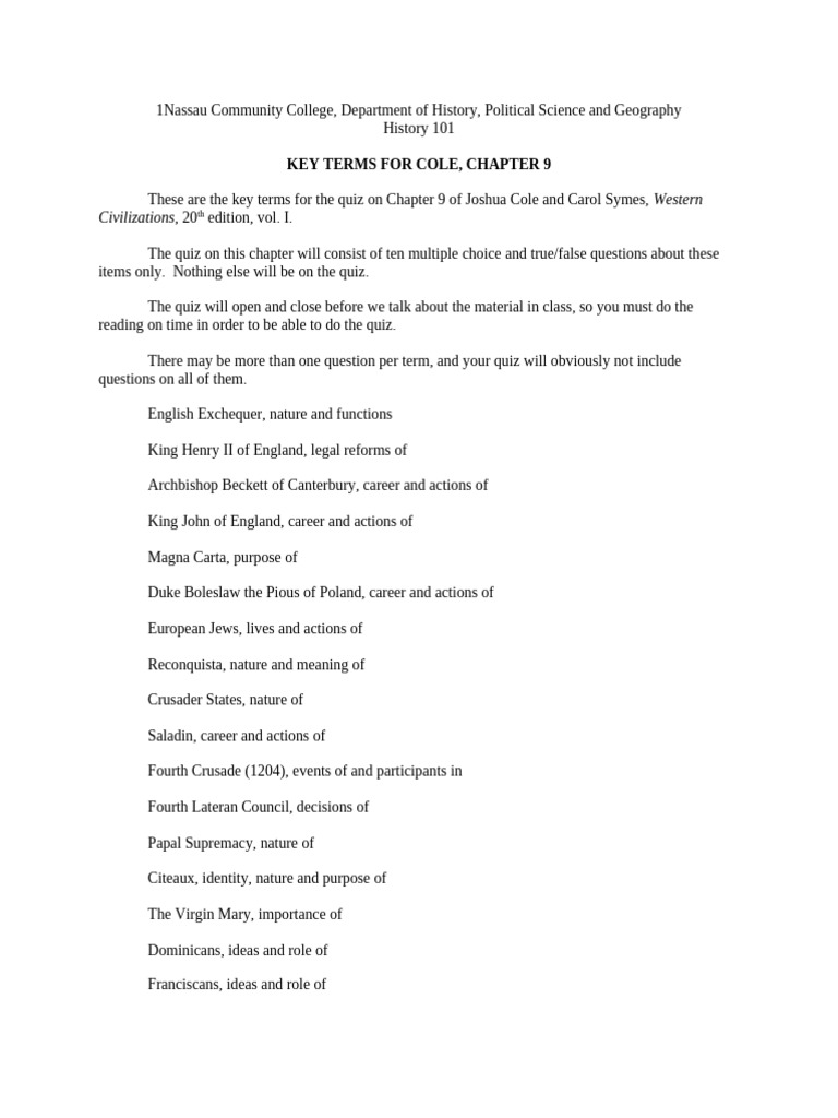 Cole 20 Chapter 9 Key Terms | PDF