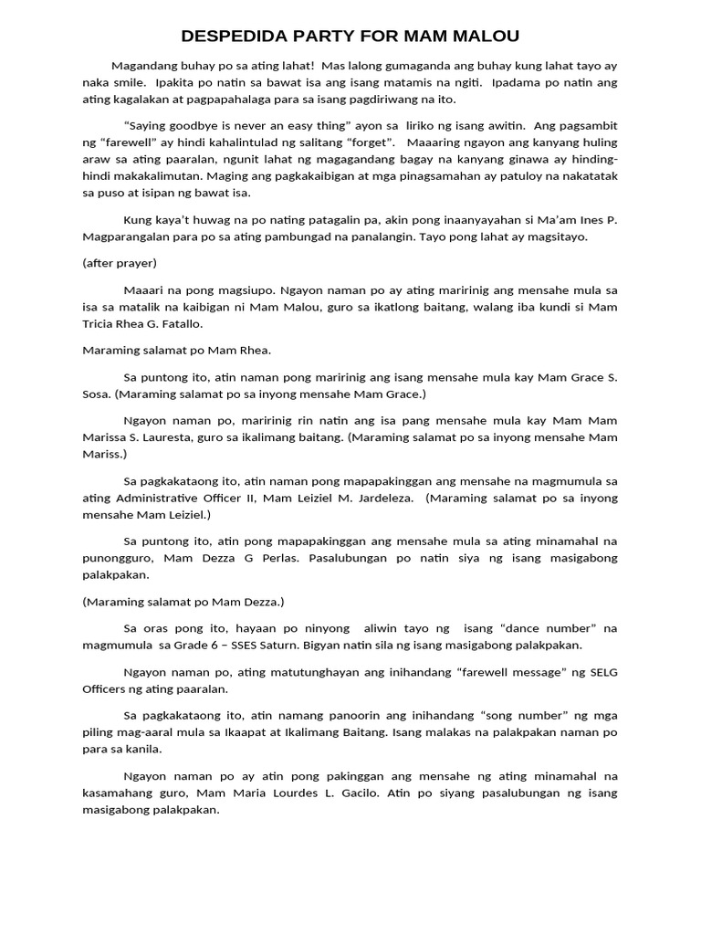 Emcee Script For Despedida Party of Mam Malou | PDF