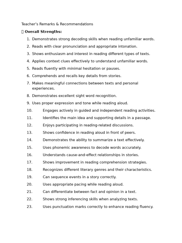 Reading Skills: Strengths & Improvements | PDF | Reading Comprehension ...