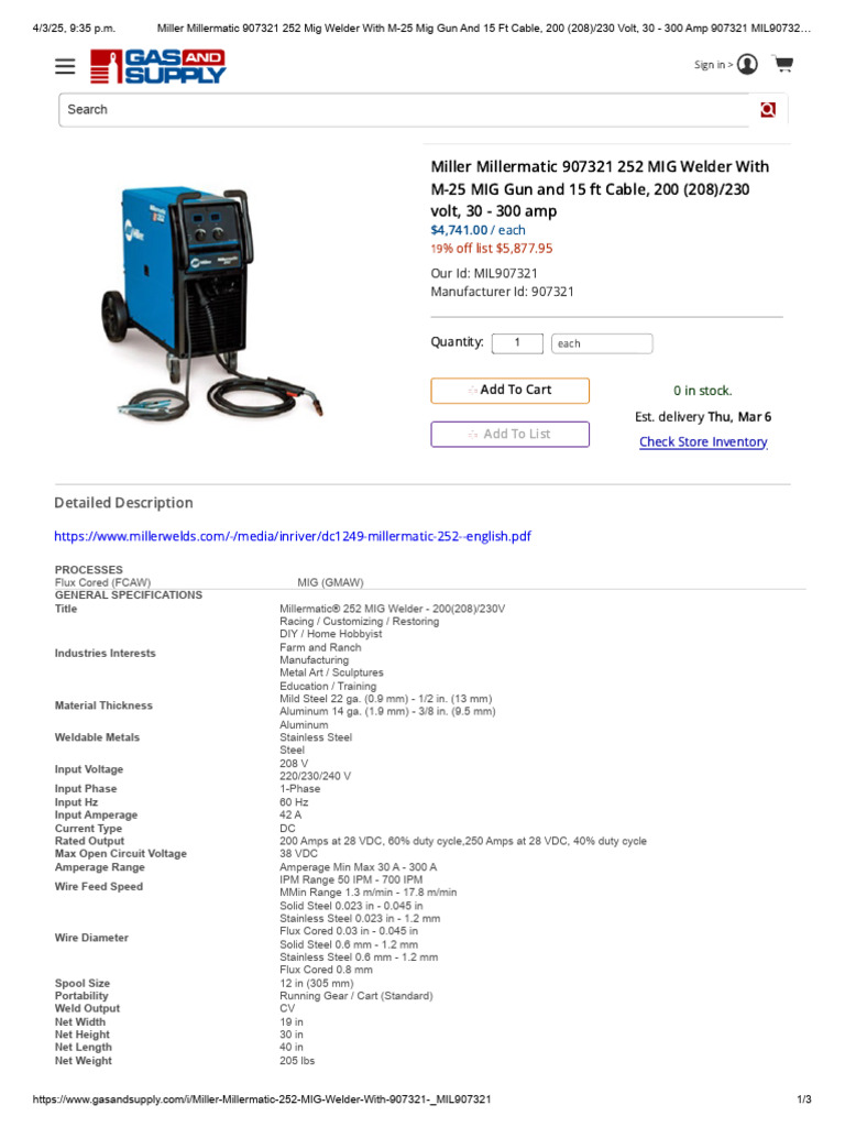Miller Millermatic 907321 252 Mig Welder With M-25 Mig Gun And 15 Ft ...