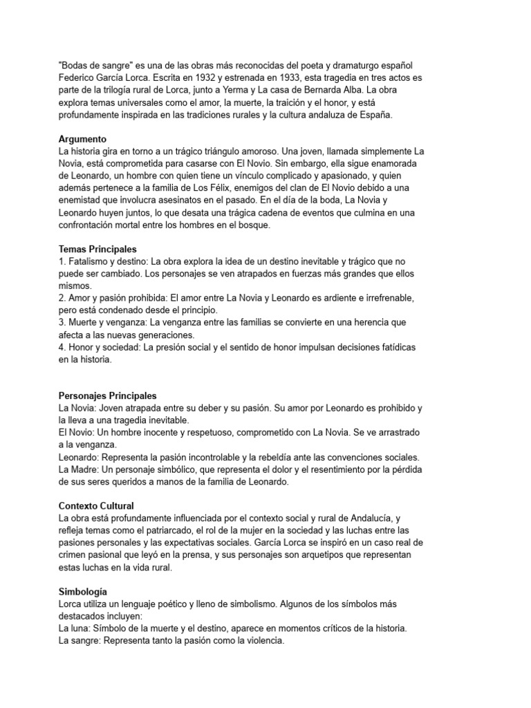 Análisis de "Bodas de sangre" de Lorca | PDF | Federico García Lorca ...