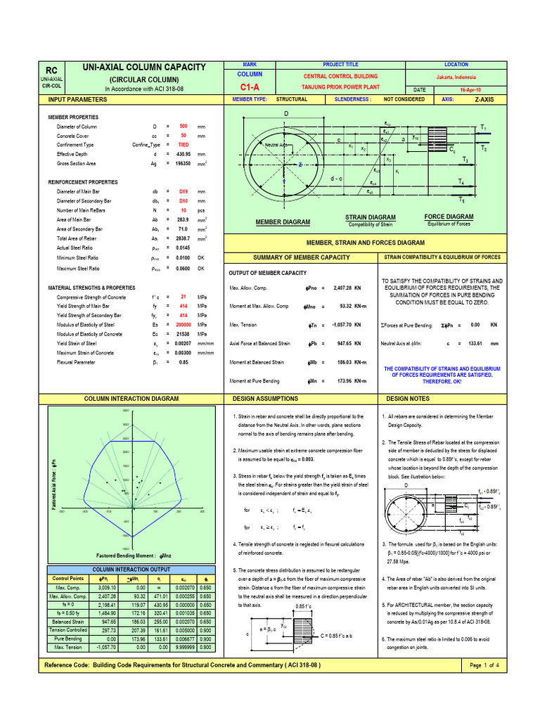 CIRC - Uni-Axial Column Capacity ACI 318 | PDF | Bending | Deformation (Engineering)