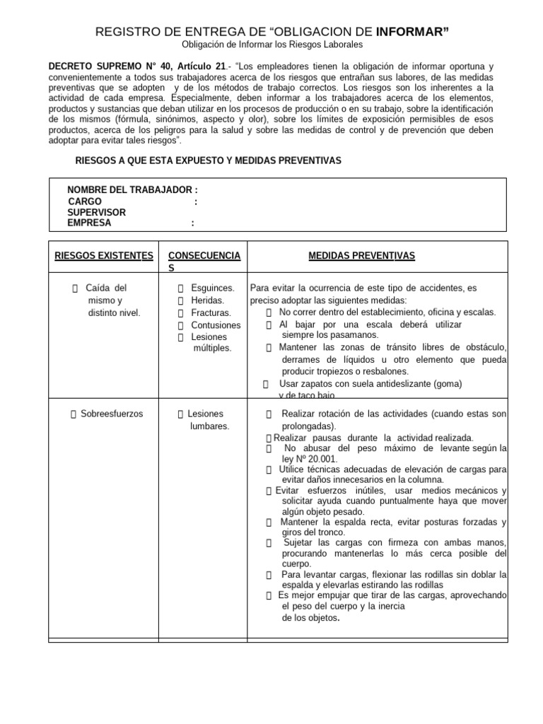 Obligación de Informar Riesgos Laborales | PDF