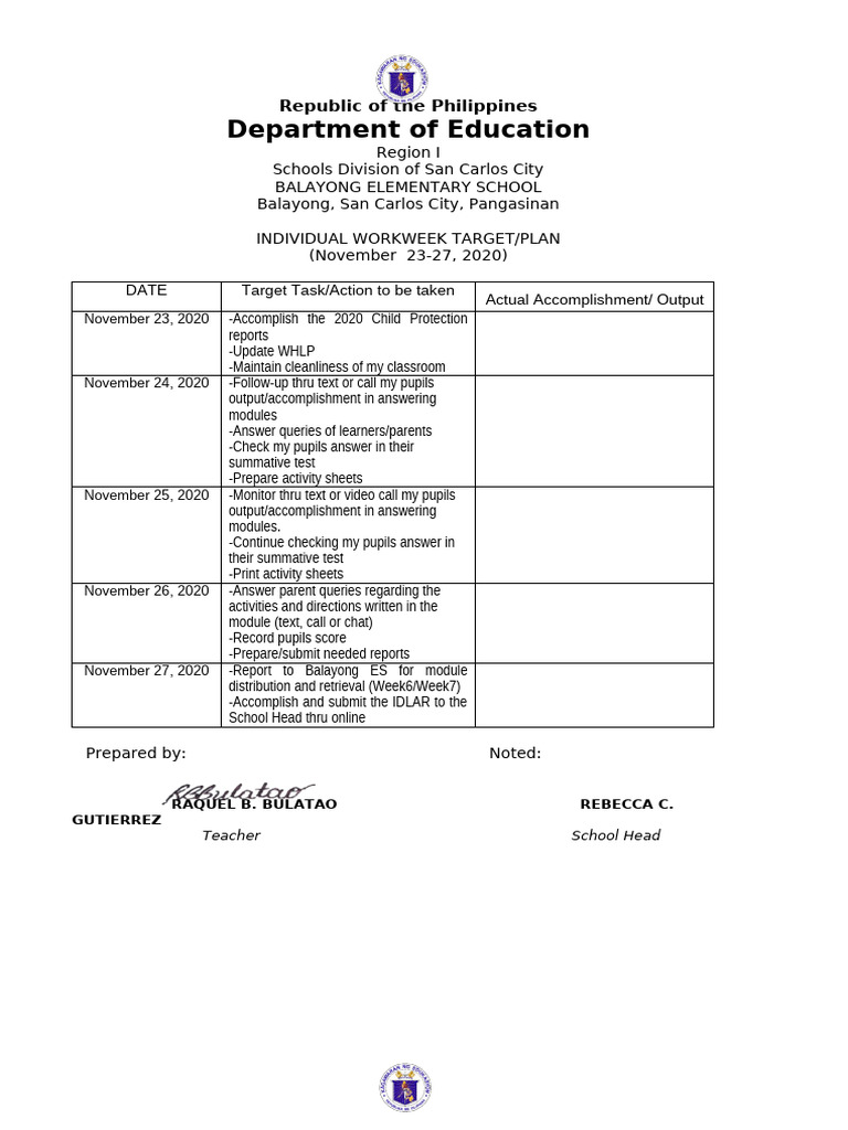 TARGET PLAN IDLAR Nov. 23 27 2020 | PDF | Public Administration | Government