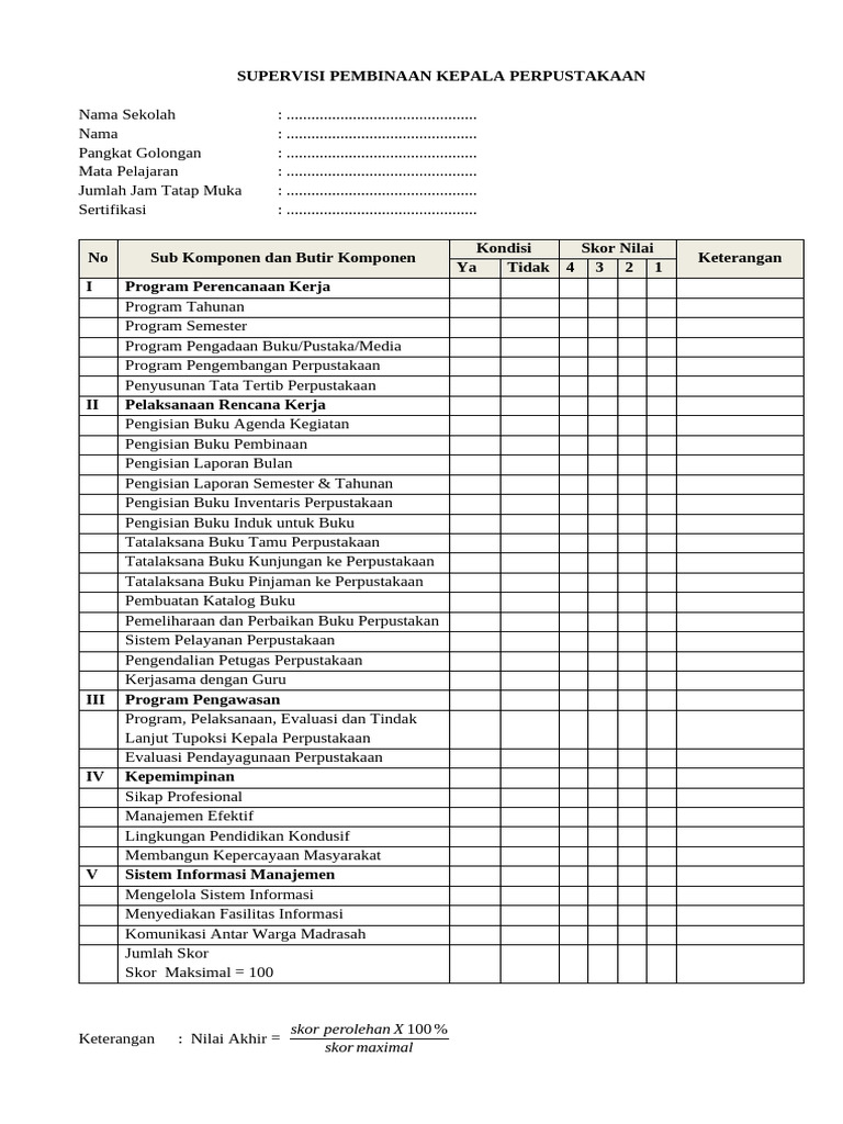 Instrumen Supervisi Kepala Perpustakaan | PDF