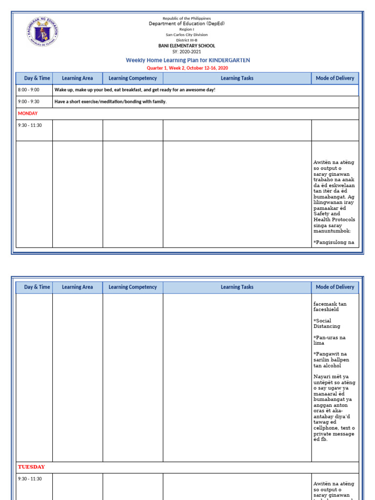 Weekly Home Learning Plan For KINDER Week 2 | PDF