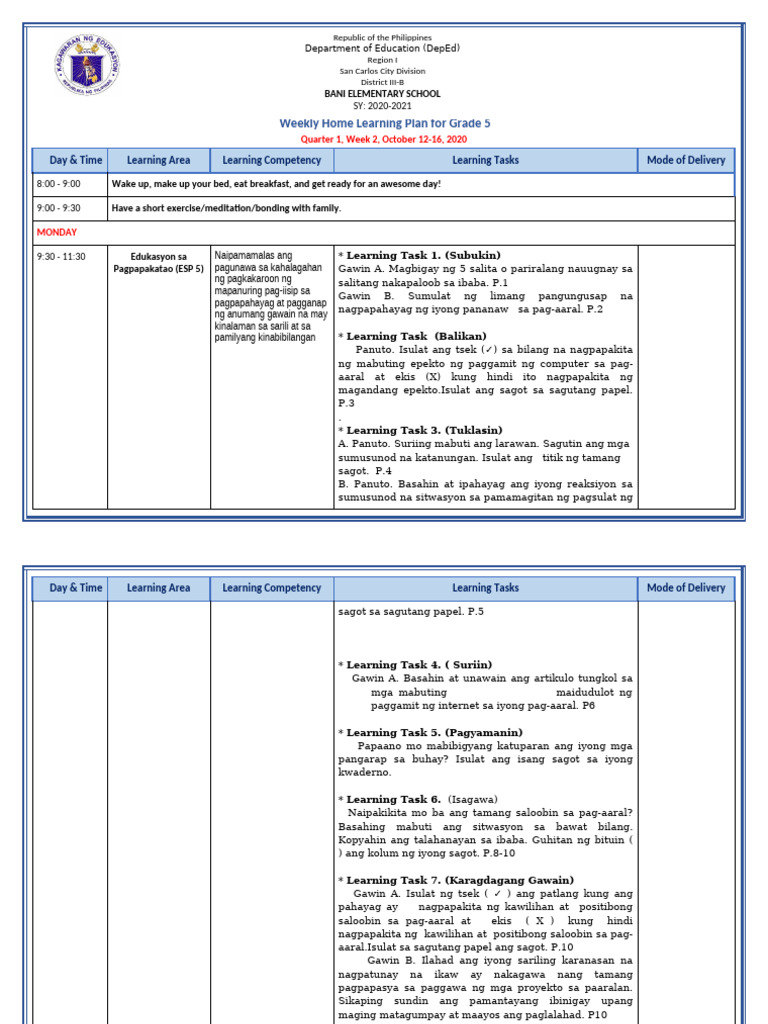 Weekly Home Learning Plan for Grade 5 Week 2 | PDF