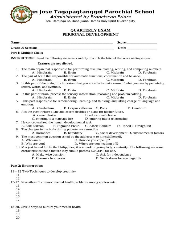 Personal Development Quarterly Exam | PDF | Brain | Adolescence