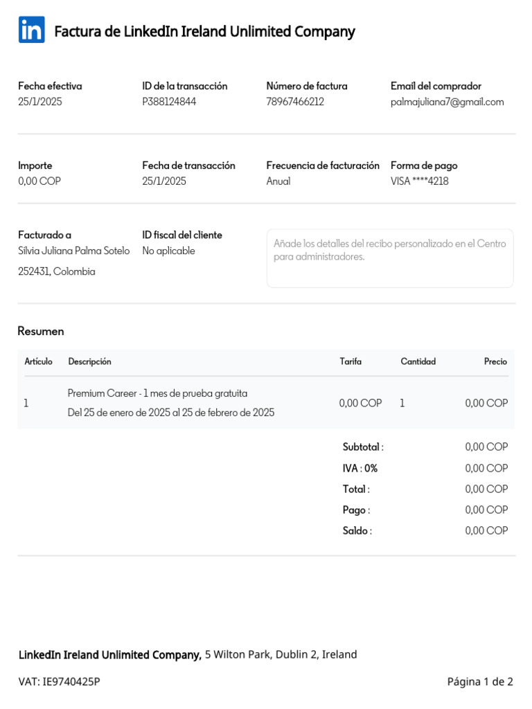 Factura Prueba Gratis LinkedIn | PDF | Factura