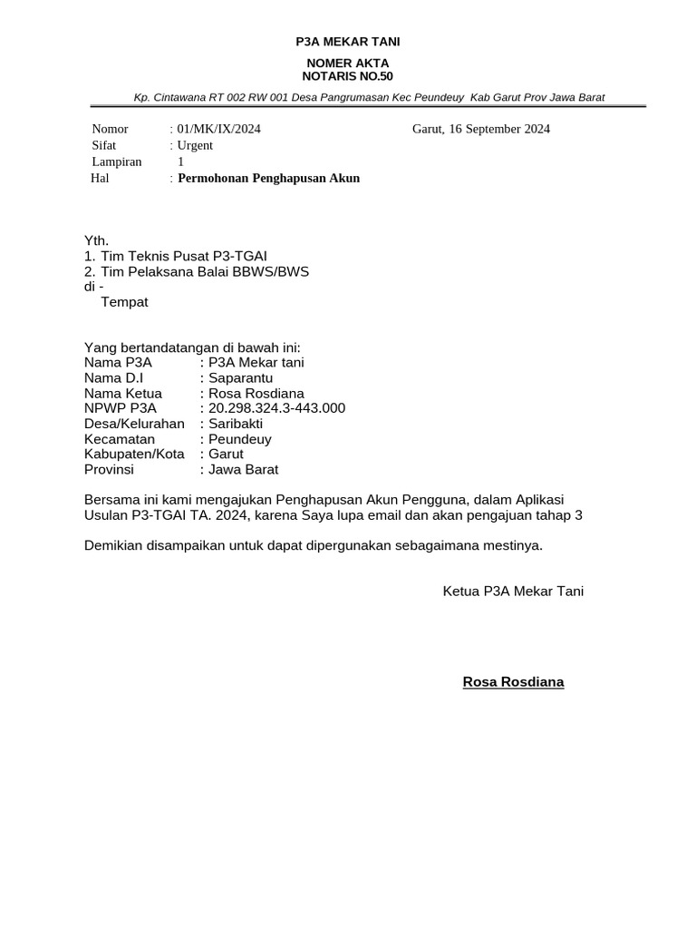 R2-Contoh Format P3A-Permohonan Penghapusan Akun & Usulan | PDF