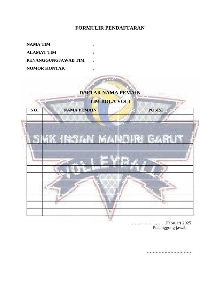 Formulir Pendaftaran Tim Voli | PDF