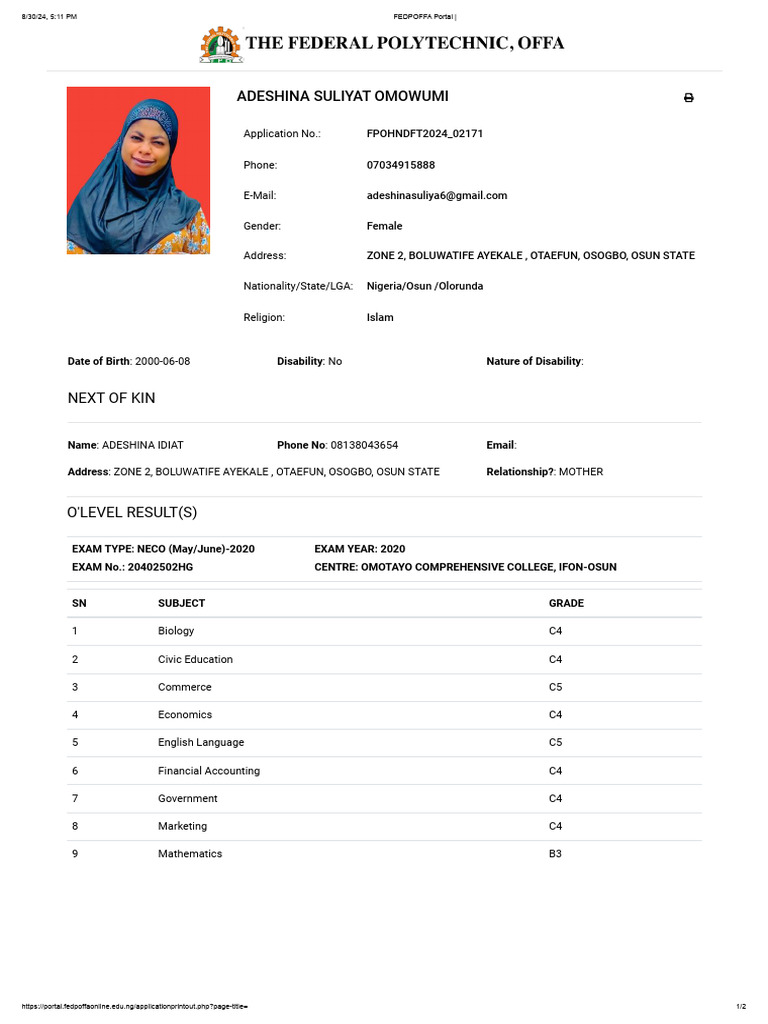FEDPOFFA Admission Application Details | PDF | Educational Stages ...