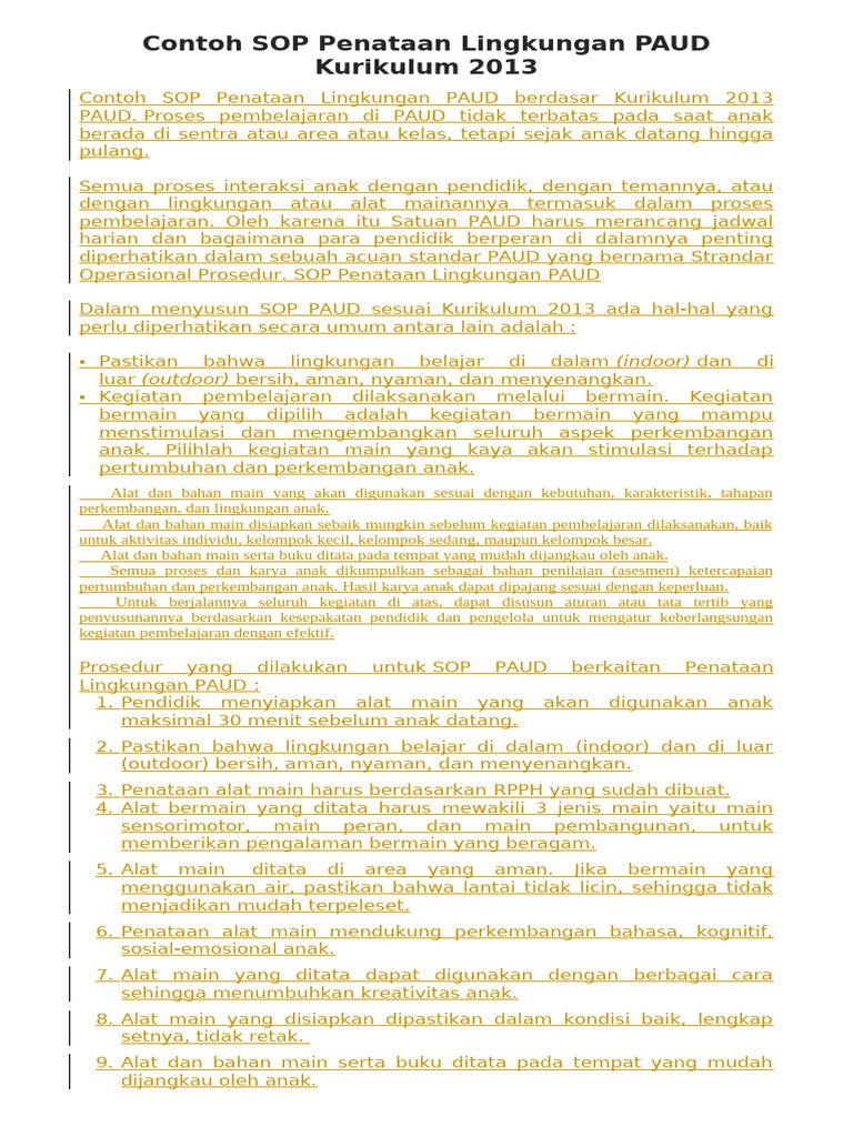 Contoh SOP Penataan Lingkungan PAUD Kurikulum 2013 | PDF