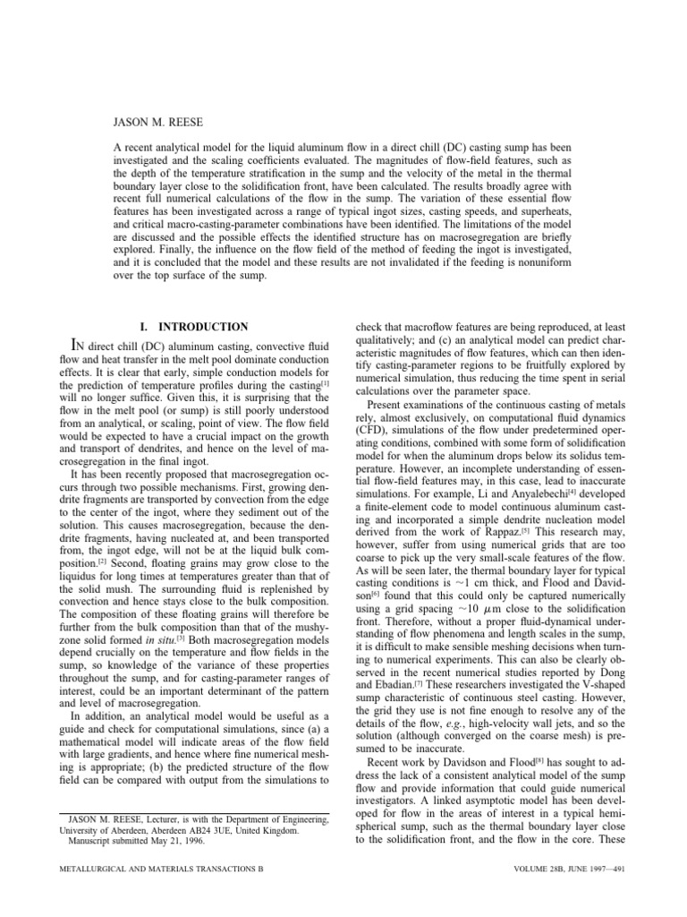 Reese Characterization of The Flow in The Molten Metal Sump During ...