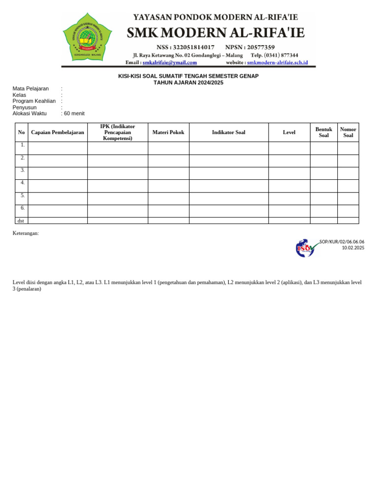 Format Kisi-Kisi Sts Genap 2024-2025 | PDF
