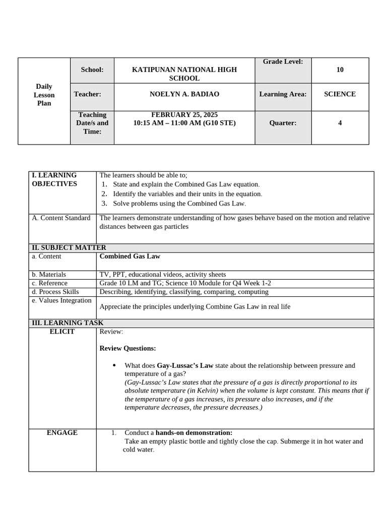 Grade 10 Combined Gas Law Lesson Plan | PDF | Gases | Temperature