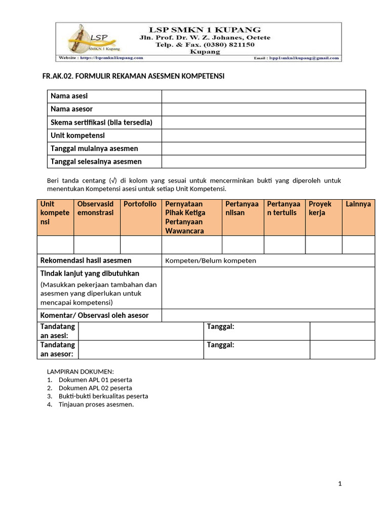 FR - Ak.02. Formulir Rekaman Asesmen Kompetensi | PDF