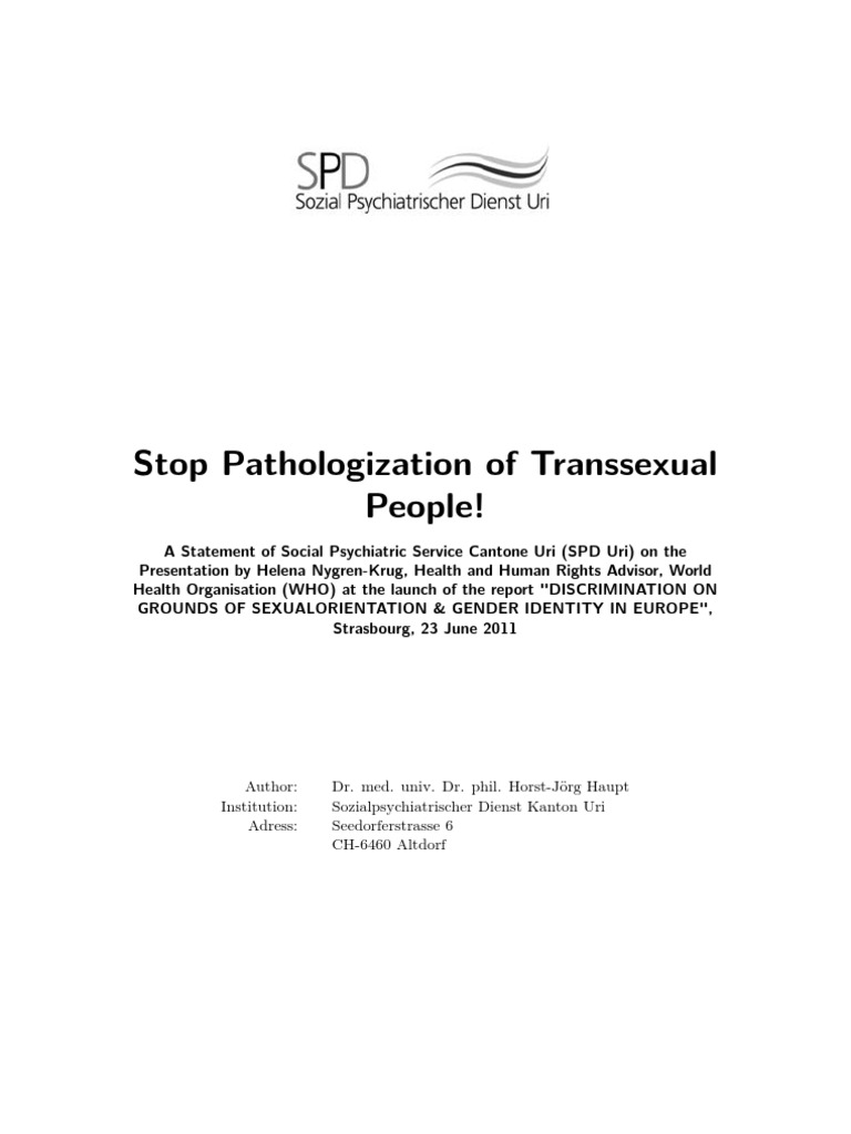 Stop Pathologization Of Transsexual People Pdf Evidence Based