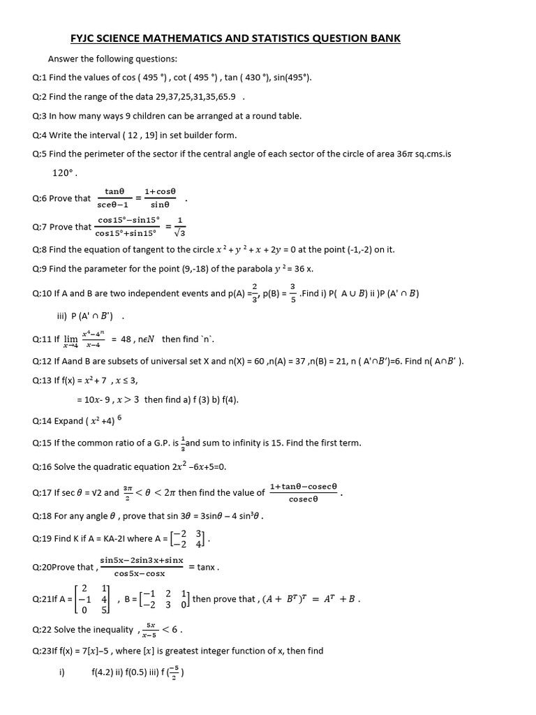 Fyjc Science Mathematics and Statistics Question Bank | PDF | Circle ...