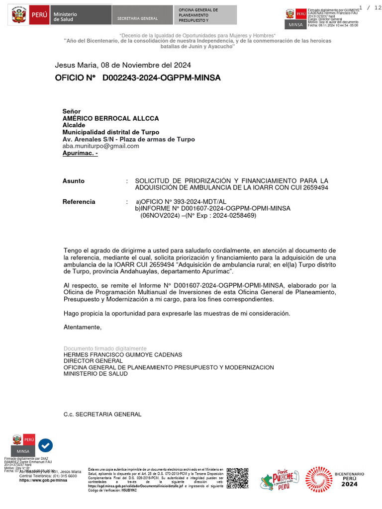 Oficio N°d002243-2024-Ogppm-Minsa | PDF | Economias