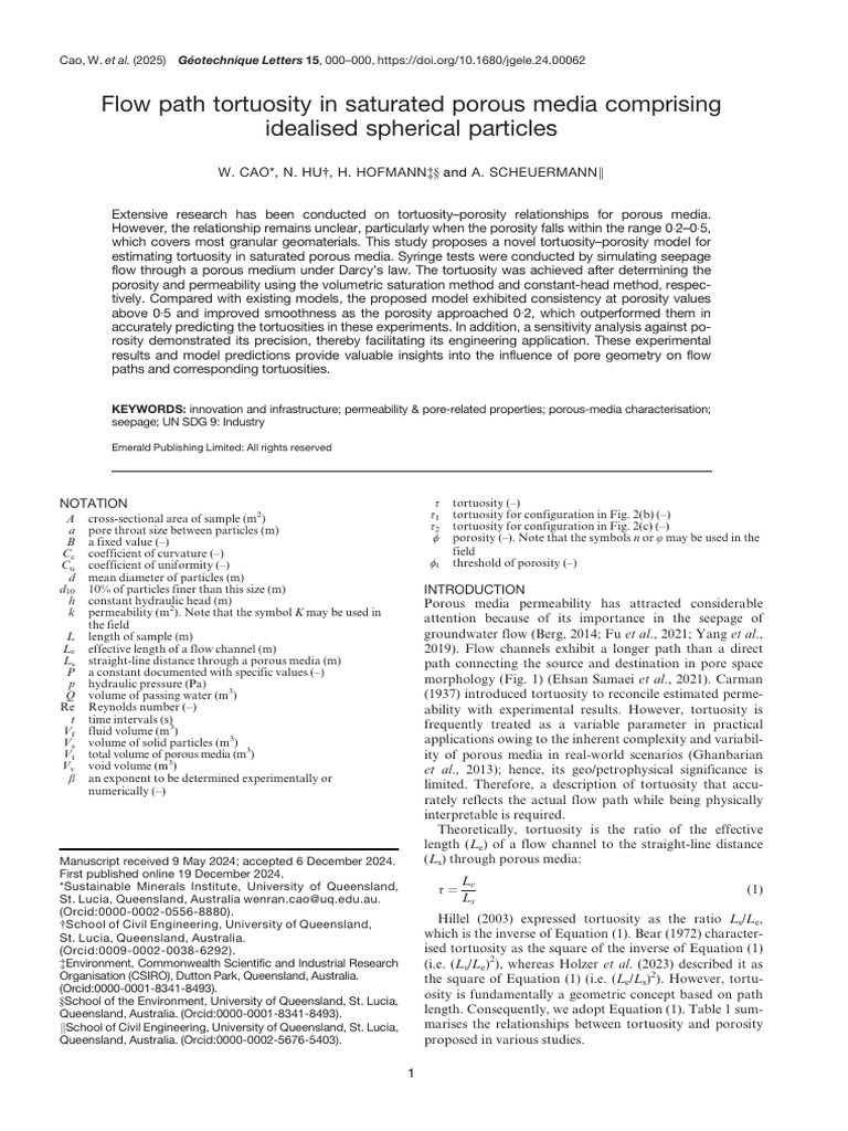 Flow Path Tortuosity in Saturated Porous Media Comprising Idealised ...