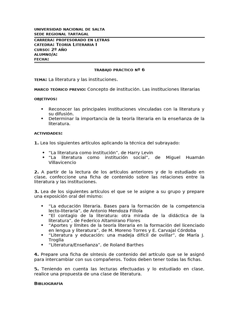 Trabajo Práctico #6. Literatura-Institución #6. Enseñanza. | PDF | Aprendizaje