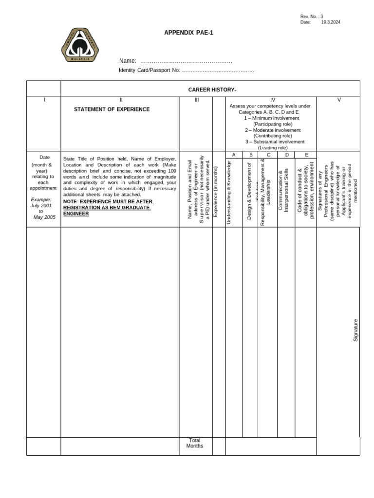 PAE-1 Experience Assessment Form | PDF