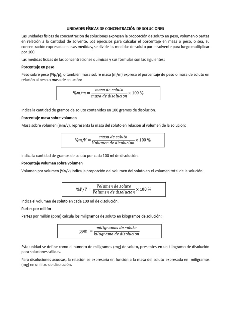 Unidades Físicas de Concentración de Soluciones | PDF | Concentración | Mole (Unidad)