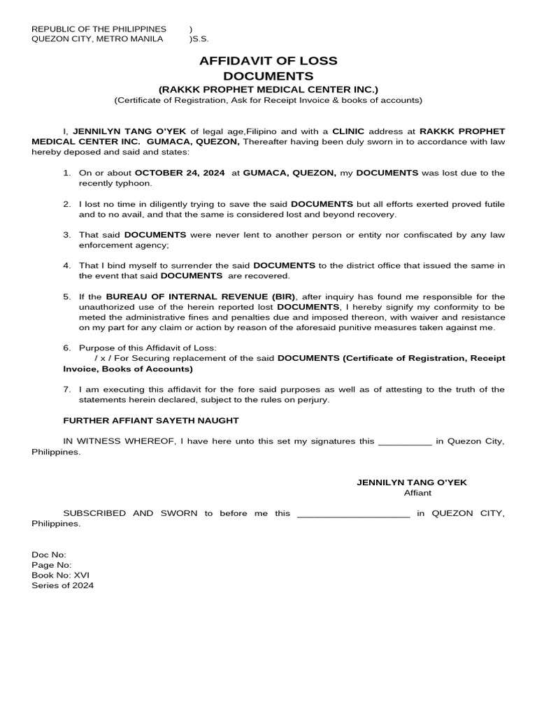 AFFIDAVIT OF LOSS Docs | PDF