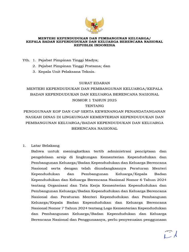 SE Menteri Nomor 1 Tahun 2025 Tentang Penggunaan Kop Dan Cap Serta Kewenangan Penandatanganan ...