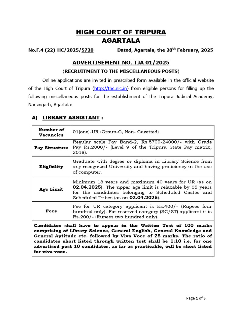 Tripura High Court Recruitment 2025 | PDF | Visa Inc.