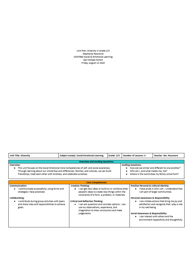 Social Emotional Learning Unit Grade 2 - 3 | PDF | Identity (Social ...