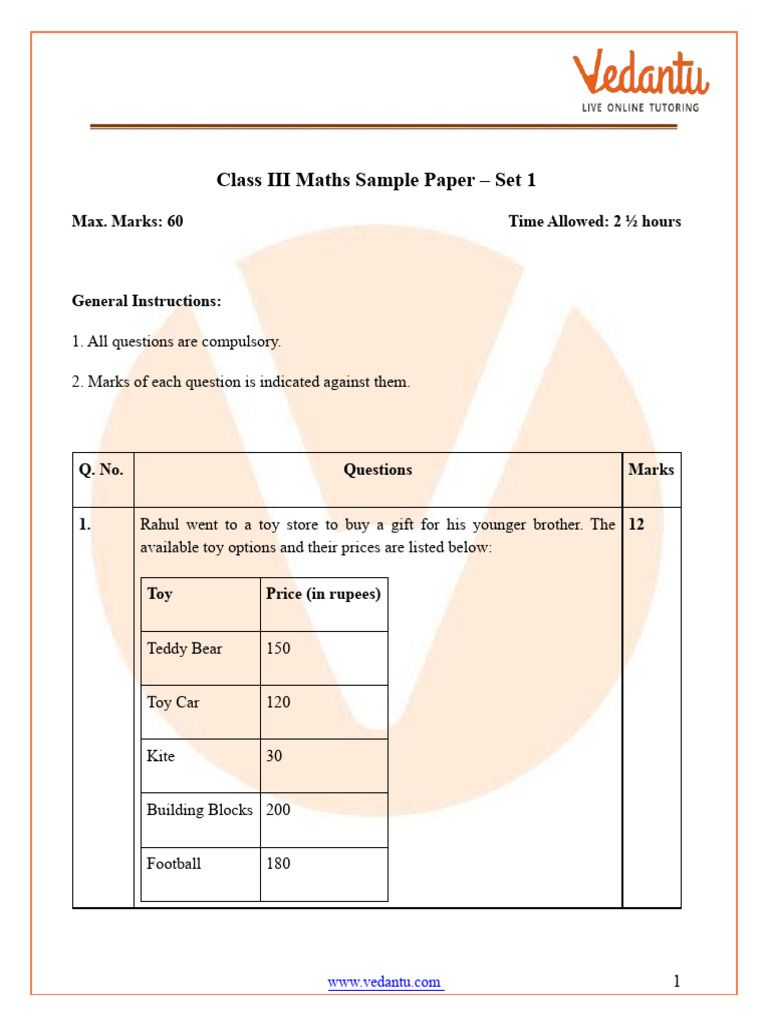 Class 3 Maths Sample Paper Set 1 | PDF | Toys | Length
