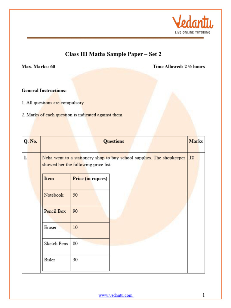 CBSE Class 3 Maths Sample Paper Set 2 With Solutions FREE PDF | PDF