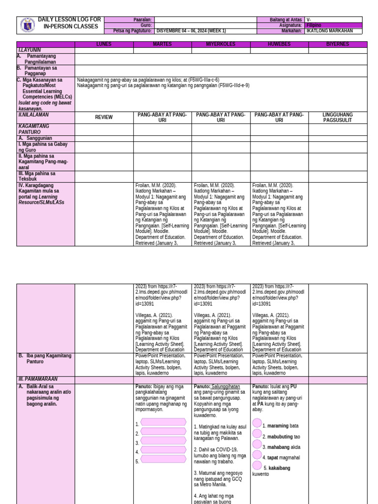 G5 Q3W1 DLL FILIPINO (MELCs) | PDF