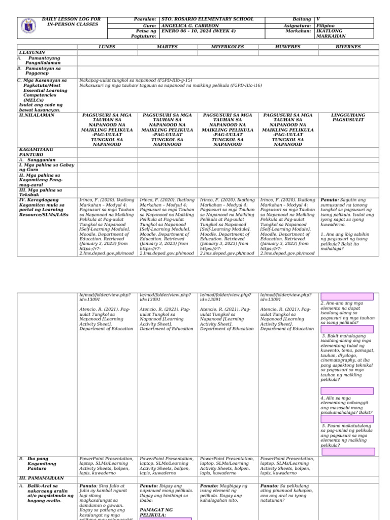 G5 Q3W4 DLL FILIPINO (MELCs) | PDF