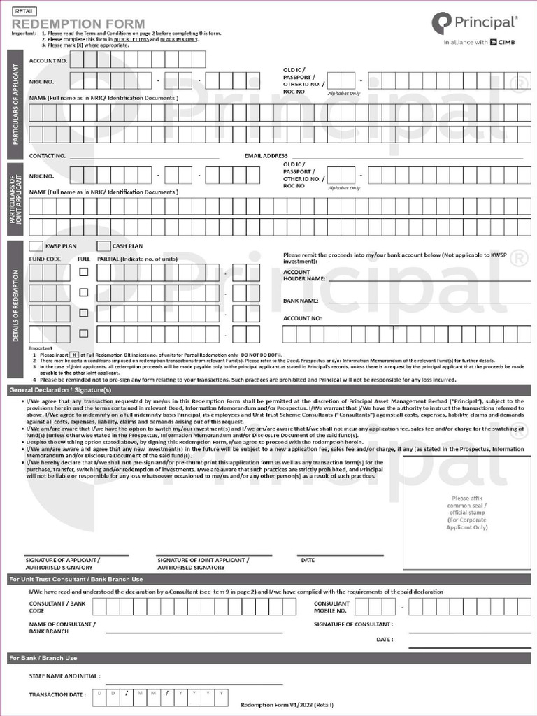 Unit Trust Redemption Form 1 | PDF