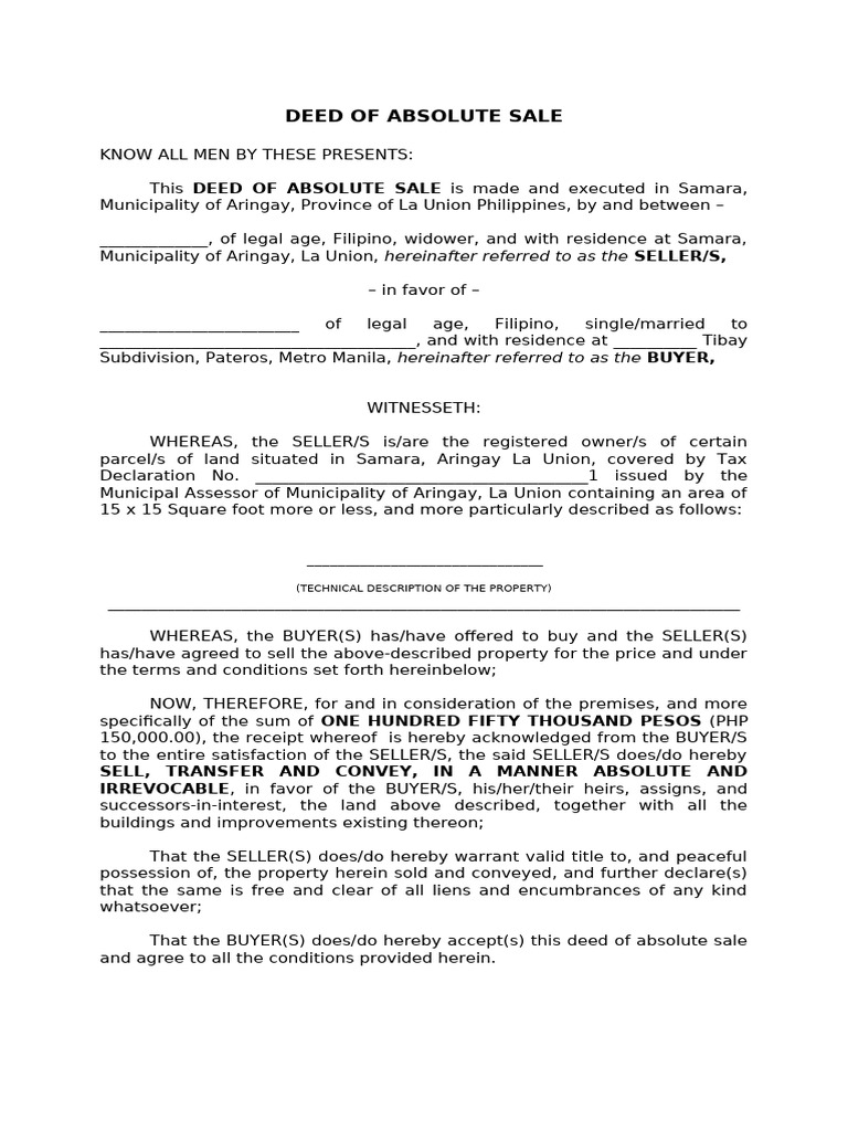 Deed of Absolute Sale Sample | PDF | Deed | Natural Resources Law