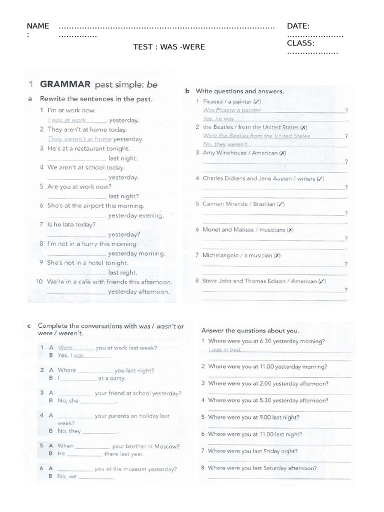 WAS-WERE Test for Students | PDF