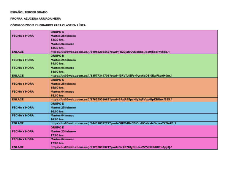 Horarios y Enlaces Clases Virtuales 3° | PDF