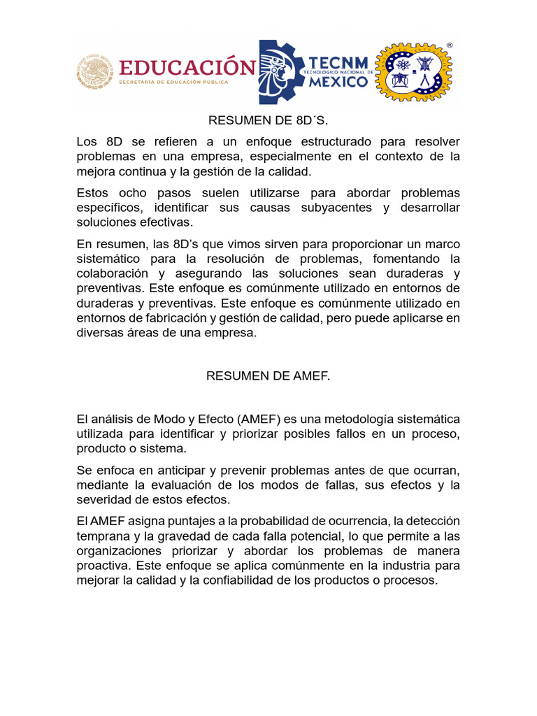 Resumen de 8D | PDF | Calidad (comercial) | Sistema de manejo de calidad