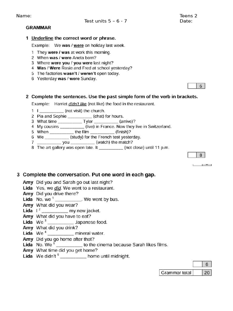 Test Grammar UNITS 4 - 5 - 6 TEENS 2 | PDF