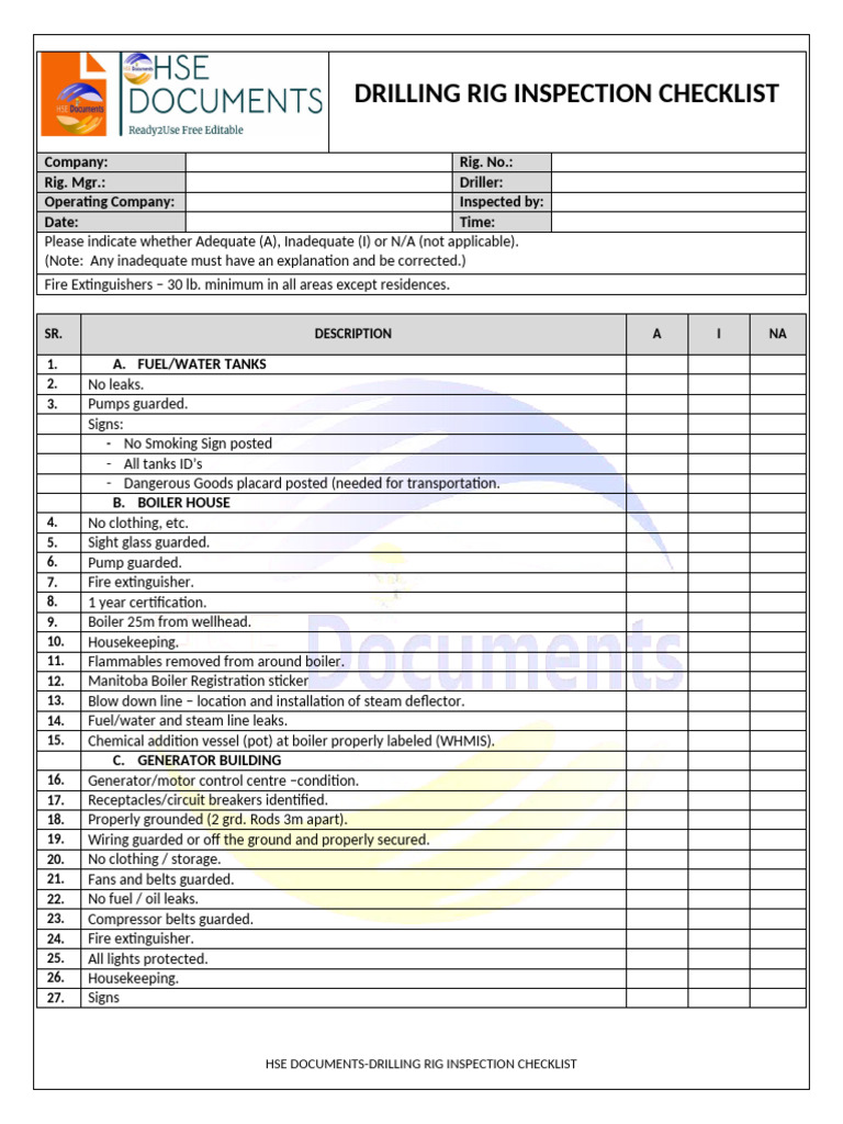 Drilling Rig Inspection Checklist | PDF | Boiler | Pump