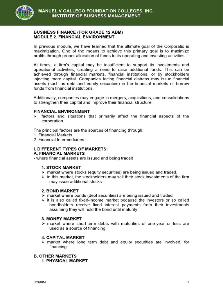 Financial Environment in Business Finance | PDF | Securities (Finance ...