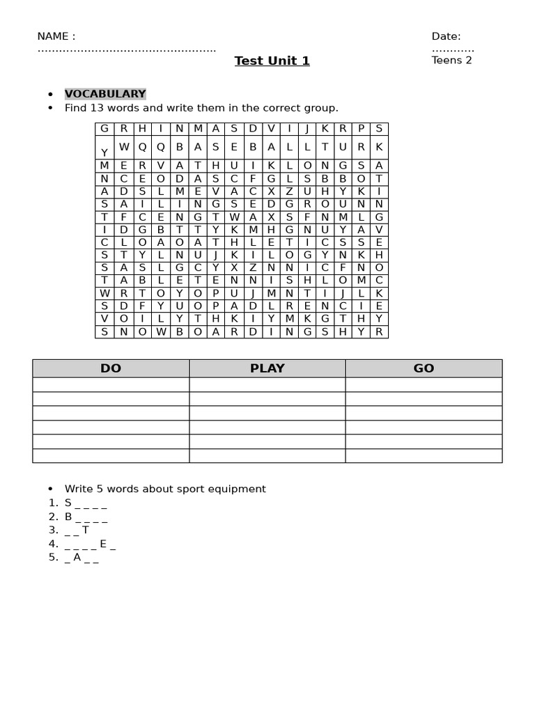 Vocabulary and Writing Sports Test | PDF