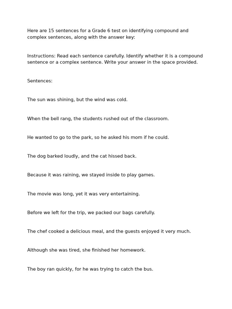 Grade 6 Compound and Complex Sentences Test | PDF