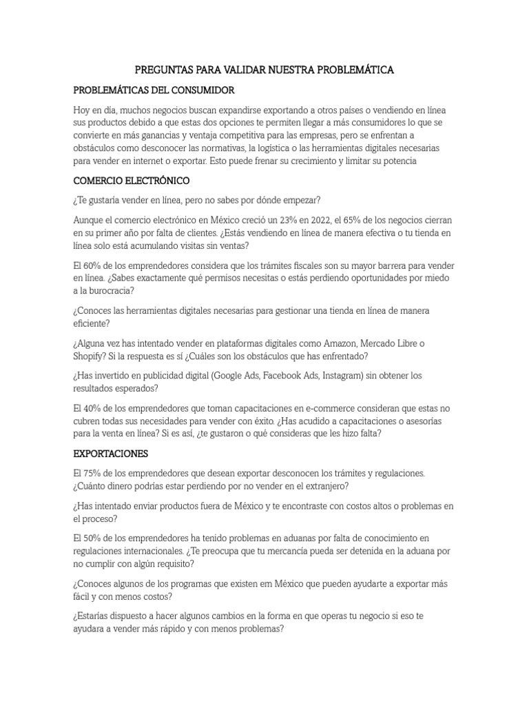 Preguntas para Validar Nuestra Problemática | PDF | Exportaciones | Comercio electrónico