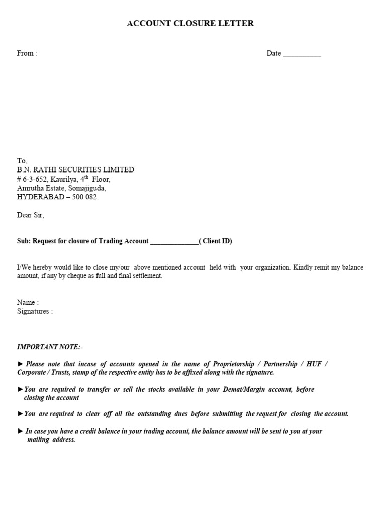 Trading Account Closure Request Letter | PDF