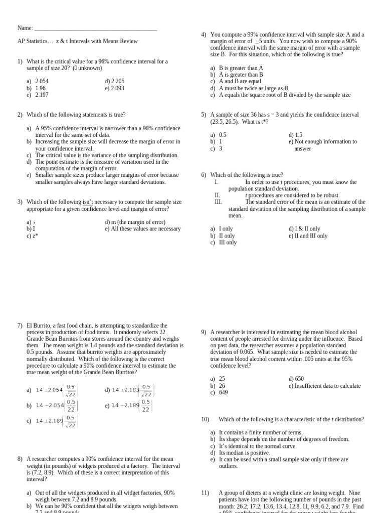 AP Rev - z and t intervals review | PDF | Sample Size Determination ...
