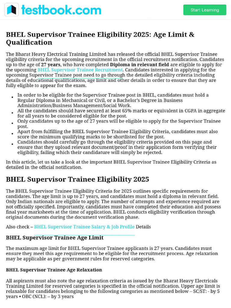 BHEL Supervisor Trainee Eligibility 2025 - Age Limit & Qualification | PDF